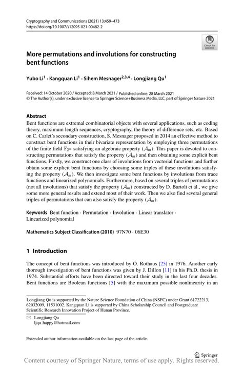 More Permutations And Involutions For Constructing Bent Functions Request Pdf