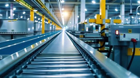 Empty Conveyor Belt Moving Through Automated Industrial Facility Stock