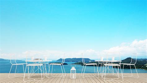 휴가 기간3d에 대 한 호텔이 나 레스토랑섬 전망 바다 전망에 식사 공간간단한 디자인 작품에 바다 전망 테라스에서 식사 영역 렌더링 식당에 대한 스톡 사진 및 기타 이미지