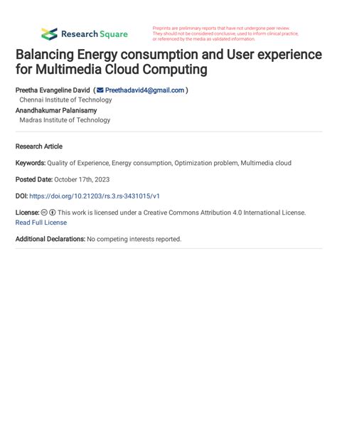 Pdf Balancing Energy Consumption And User Experience For Multimedia Cloud Computing