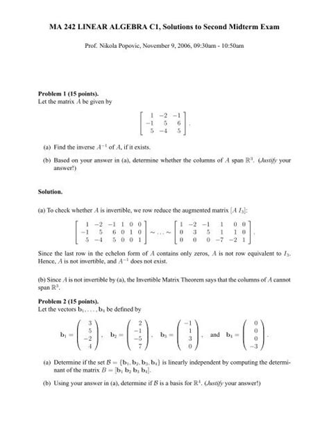 Ma Linear Algebra C Solutions To Second Midterm Exam