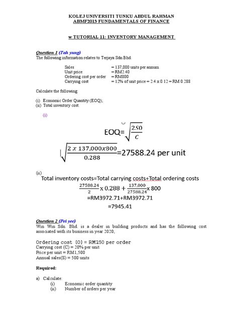 Calculating Optimal Inventory Levels And Costs Through Economic Order Quantity Analysis Pdf