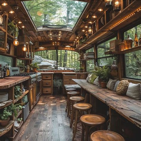 Cozy Bus Conversion With Wooden Tables And Stools Rustic Bus