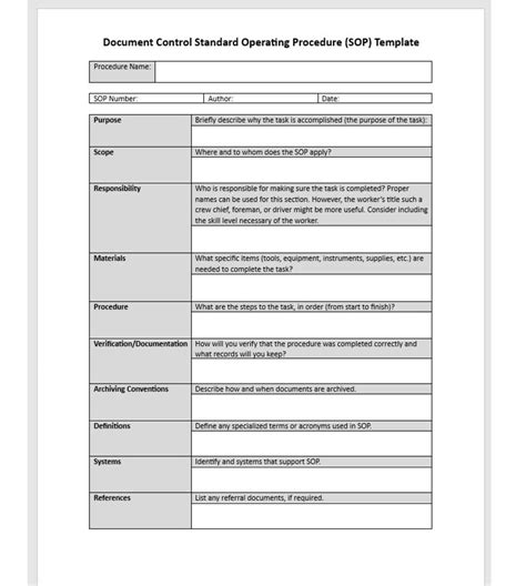 Document Control Standard Operating Procedure Standard Operating Procedure Template Business