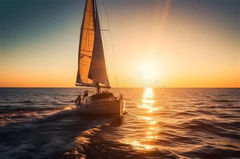 Sailing Yacht Boat On Ocean Water At Sunrise Neural Network Generated Art Stock Illustration