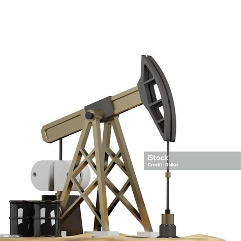 개발된 필드 정면에서 우물에서 액체 오일을 추출하는 석유 굴착 장치의 3d 렌더링 환경 오염 문제 흰색 배경에 격리된 사실적인 그림 3차원 형태에 대한 스톡 사진 및 기타