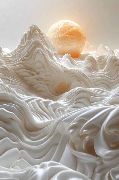 Abstract Yellow Sphere On White Wavy Surface Premium Ai Generated Image