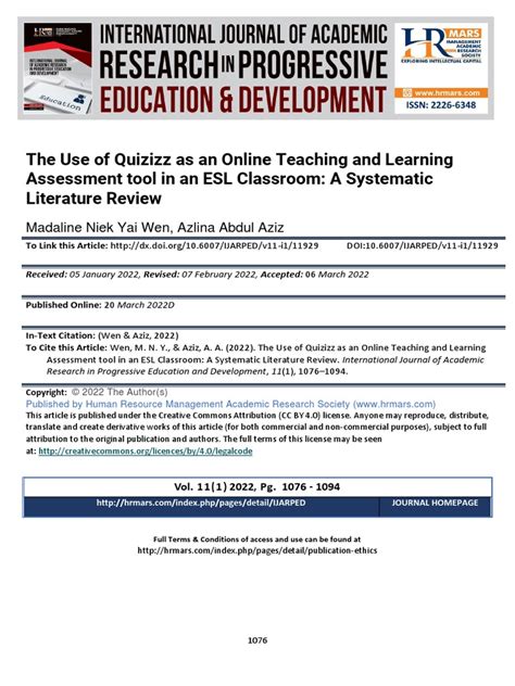 The Use Of Quizizz As An Online Teaching And Learning Assessment Tool In An Esl Classroom A