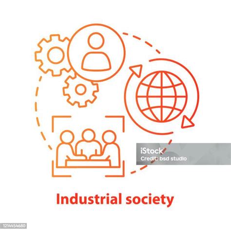 산업 사회 레드 개념 아이콘입니다 대량 생산 기술 아이디어 얇은 라인 일러스트 노동 산업화 기술 혁신 벡터 절연 윤곽선 도면 편집 가능한 스트로크 개념에 대한 스톡 벡터