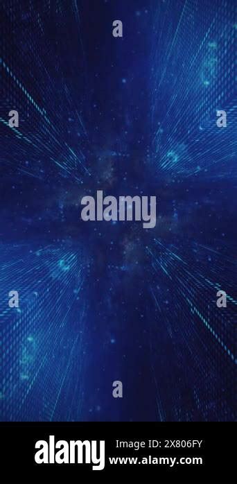 Vertical Video A Glowing Blue Grid Network Of Blinking Digital Data Lights And Streaming