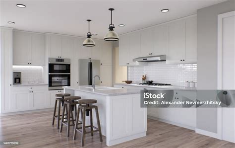 섬과 필요한 모든 가전제품을 갖춘 대형 흰색 주방 3d 렌더링 나무 바 의자 섬 위의 샹들리에 큰 키가 큰 캐비닛 이동식 조리대에 대한 스톡 사진 및 기타 이미지 Istock