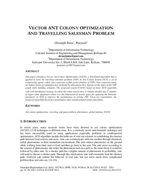 Pdf Vector Ant Colony Optimization And Travelling Salesman Problem