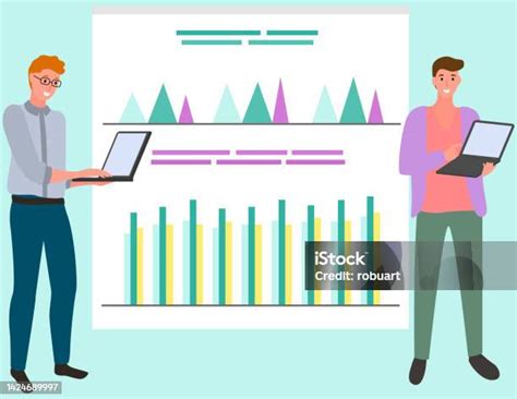 직원은 통계 지표 비즈니스 데이터를 분석합니다 캐릭터는 마케팅 연구에 사용됩니다 개념에 대한 스톡 벡터 아트 및 기타 이미지 개념 개발 개선 Istock