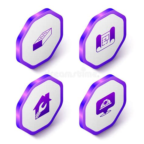 Set Isometric Brick House Plan With Wrench Spanner And Worker Safety Helmet Icon Purple