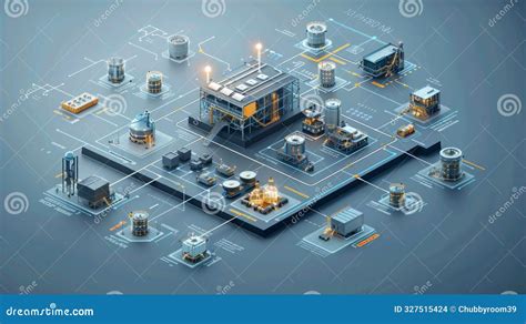 An Isometric Illustration Of A Futuristic Smart Factory Complex With Digital Interfaces And