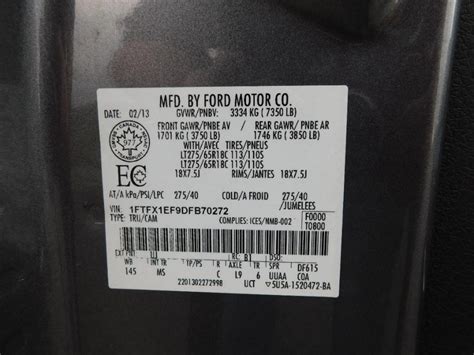 2013 Ford F150 Xtr 4x4 Pickup Truck Vin 1ftfx1ef9dfb70272 Gvwr 7 350
