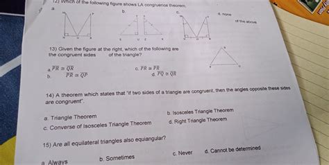 Solved 12 Which Of The Following Figure Shows La Congruence Theorem A B D None Of The