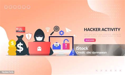 해커 활동 개념 보안 해킹 온라인 도난 범죄자 검은 마스크를 착용 강도 컴퓨터에서 개인 정보를 훔치는 평면 아이콘 웹 방문 페이지 배너 벡터 템플릿에 적합 개념에 대한 스톡