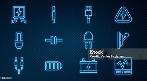 세트 라인 전기 측정기 패널 Usb 케이블 코드 회로 구성표 Led 전구 변압기 발광 다이오드 및 오디오 잭 아이콘 벡터 Led
