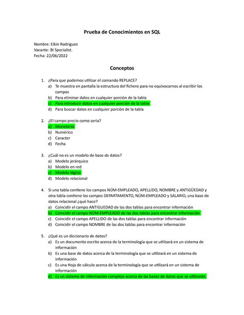 Prueba De Conocimientos En Sql Cruz Verde Prueba De Conocimientos En Sql Nombre Elkin