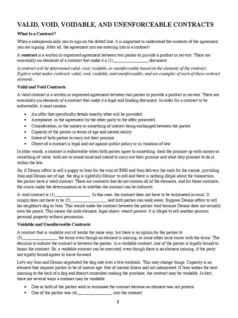 Valid Void Voidable And Unenforceable Contracts Pdf Void Law