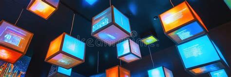 Floating Cubes Display Abstract Text And Symbols In A Modern Indoor Space Filled With Vibrant