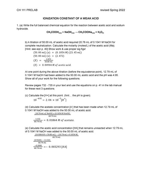 Ch 111 Pre Lab Ionization Constant Of A Weak Acid Ionization Constant Of A Weak Acid A