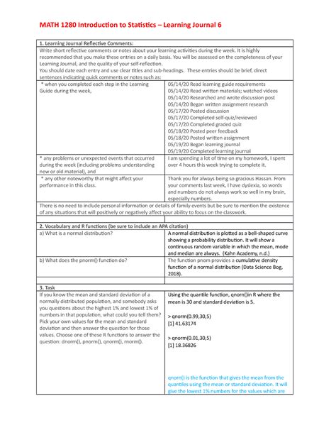 Math 1280 Learning Journal 6 Math 1280 Introduction To Statistics Learning Journal 6 1