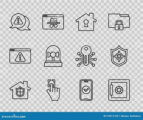 Set Line House Under Protection Safe Fingerprint Exclamation Mark Triangle Flasher Siren