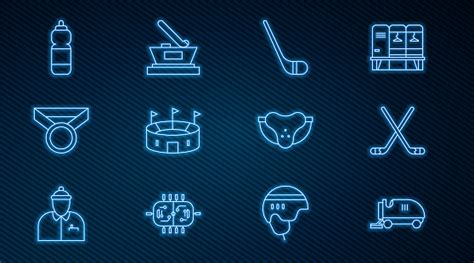 세트 라인 아이스 다시 표면 하키 스틱 하키 경기장 메달 피트니스 셰이커 보호 스포츠 운동 선수 스트랩과 컵 챔피언 아이콘 벡터 3위에 대한 스톡 벡터 아트 및 기타 이미지