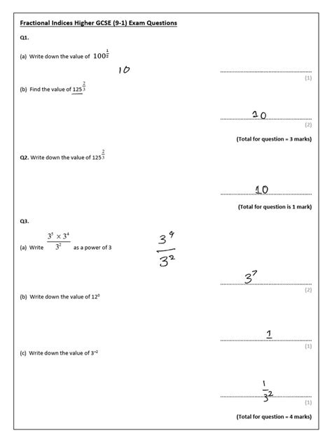Fractional Indices 1ma1 Higher Exam Questions Pdf