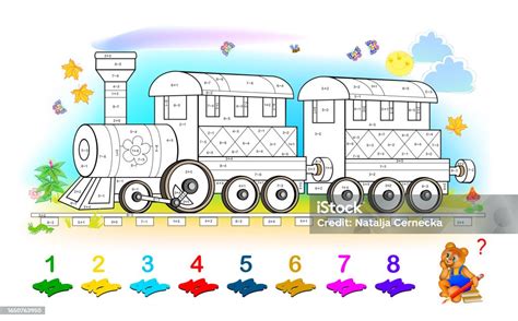 어린이를 위한 수학 교육 색칠 공부 덧셈과 뺄셈에 대한 수학 연습 예제를 풀고 장난감 기차를 칠하세요 계산 기술 개발 아이들을