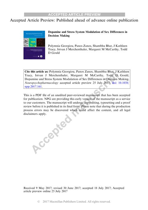 Pdf Dopamine And Stress System Modulation Of Sex Differences In