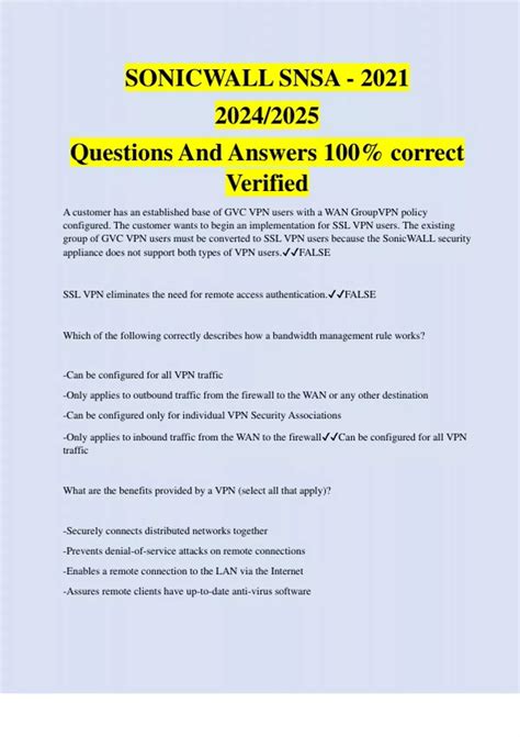 Sonicwall Snsa 2025 Questions And Answers 100 Correct Verified Sonicwal Snsa Stuvia Us