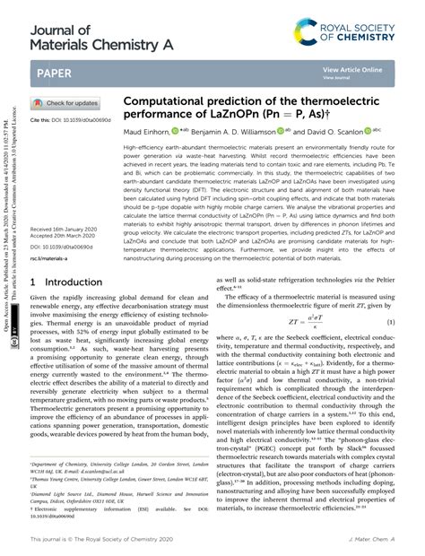 Pdf Computational Prediction Of The Thermoelectric Performance Of Laznopn Pn P As