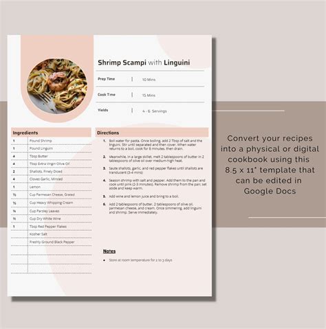 Recipe Template For Google Docs Printable Recipe Binder Sheet Personalized Recipe Book