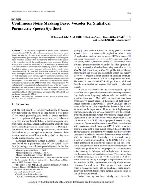 Pdf Continuous Noise Masking Based Vocoder For Statistical Parametric