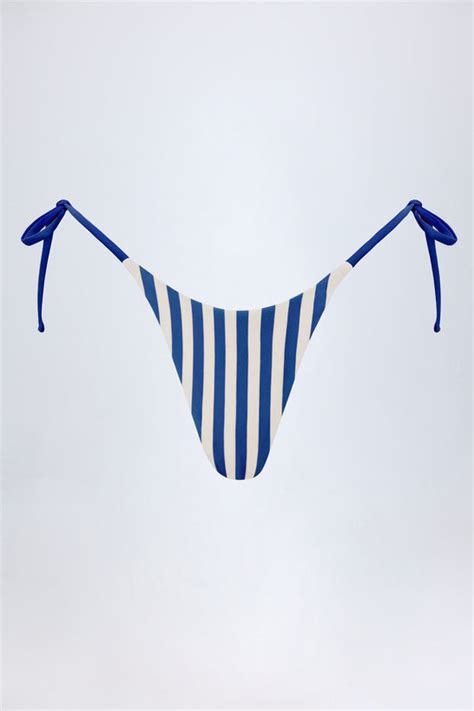 Montalcino Side Tie Thong Bikini Bottoms In Marine Blue Stripe Oh Polly