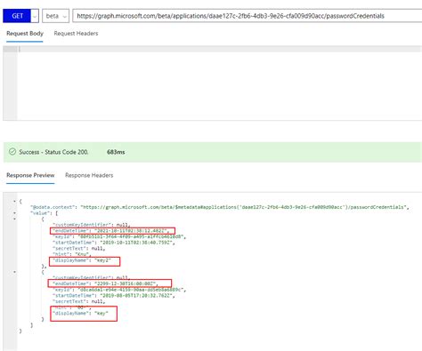 how to get specific password credentials end date of an application in