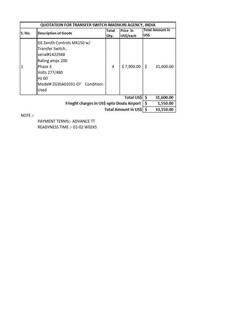 Quotation For Transfer Switch Pdf