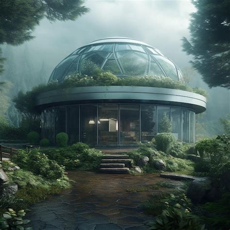 녹색 지붕이 있는 숲 속의 미래형 집 프리미엄 사진