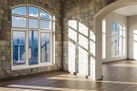 아치형 창문과 미니멀한 인테리어 거실 디자인을 갖춘 고급스러운 로프트 아파트 3d 일러스트레이션 0명에 대한 스톡 사진 및 기타 이미지 Istock