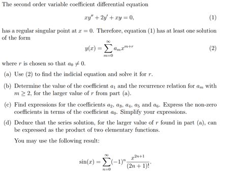 Solved The Second Order Variable Coefficient Differential