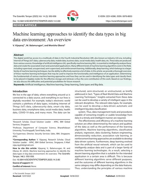 Pdf Machine Learning Approaches To Identify The Data Types In Big Data Environment An Overview