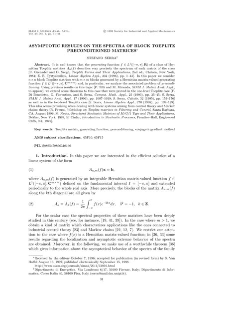 Pdf Asymptotic Results On The Spectra Of Block Toeplitz Preconditioned Matrices