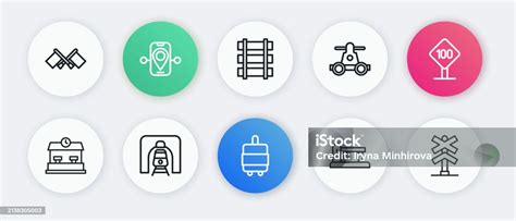 라인 가방 속도 제한 교통 표지판 100 Km 기차역 장벽 핸드카 운송 철도 철도 트랙 철도 건널목 및 기차 철도 터널 아이콘을 설정합니다 벡터 0명에 대한 스톡 벡터 아트