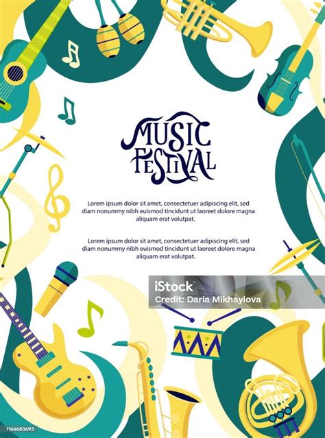 음악 축제에 대한 벡터 배너입니다 손 글자 재즈 콘서트 초대장 인사말 카드 파티 레이아웃 템플릿 성능 광고 브로셔 색소폰 기타 드럼 프렌치 혼 플랫 스타일 일러스트레이션 0