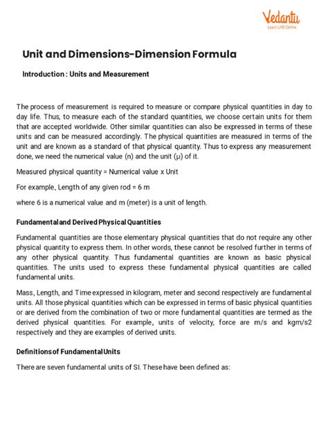 Unit And Dimensions Dimension Formula Pdf