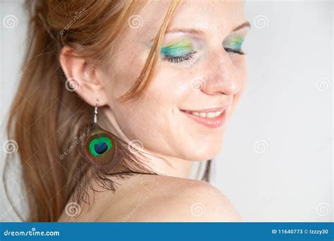 Redhead Model With Peacock Ear Rings Stock Image Image Of Healthy