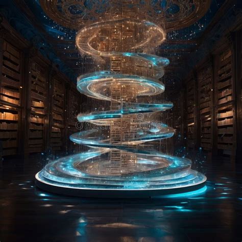 Surreal Liquid Crystal Library With Glowing Fluid Books And Spiraling